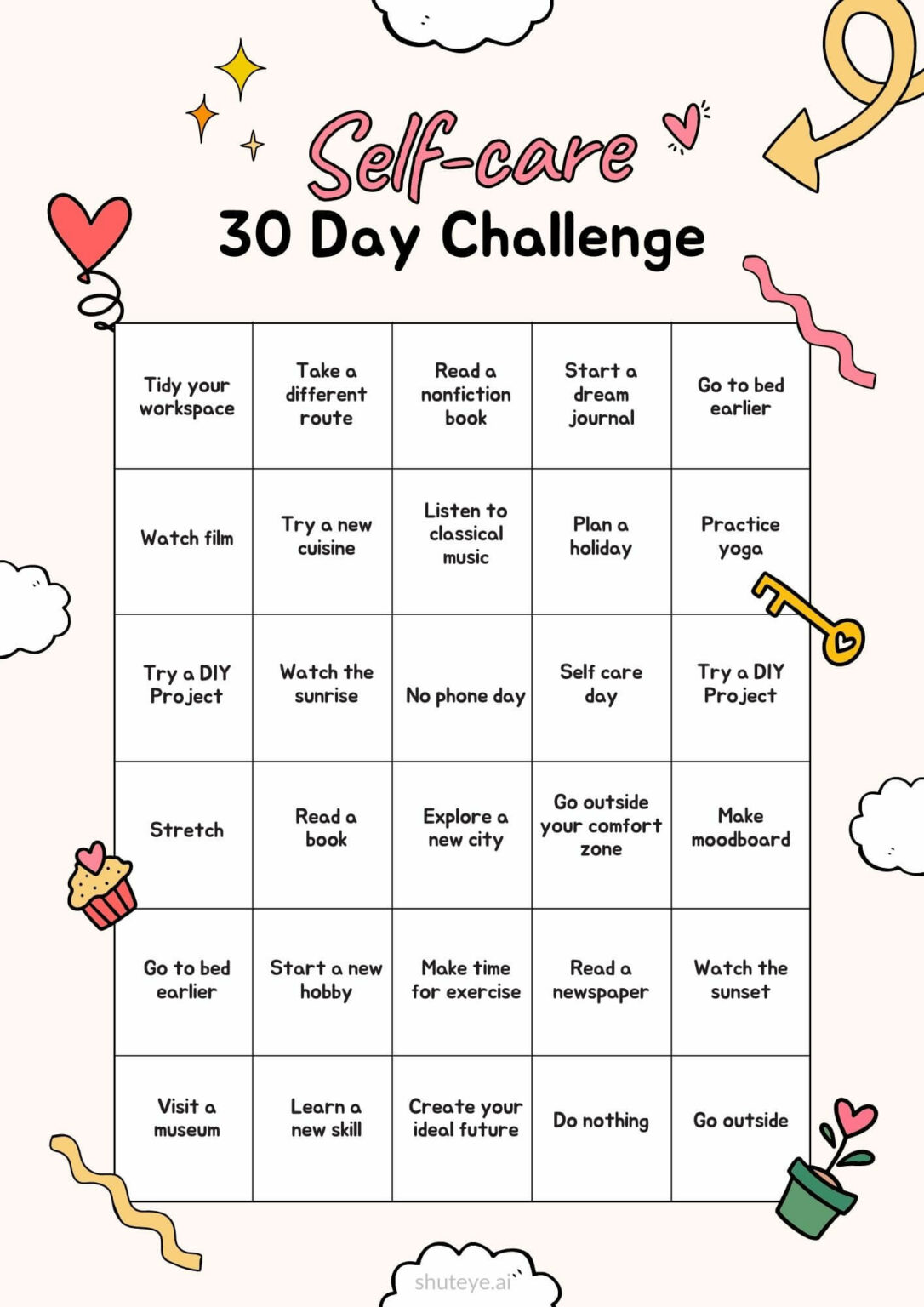30-Day Self-Care Challenge Printables and Ideas - ShutEye
